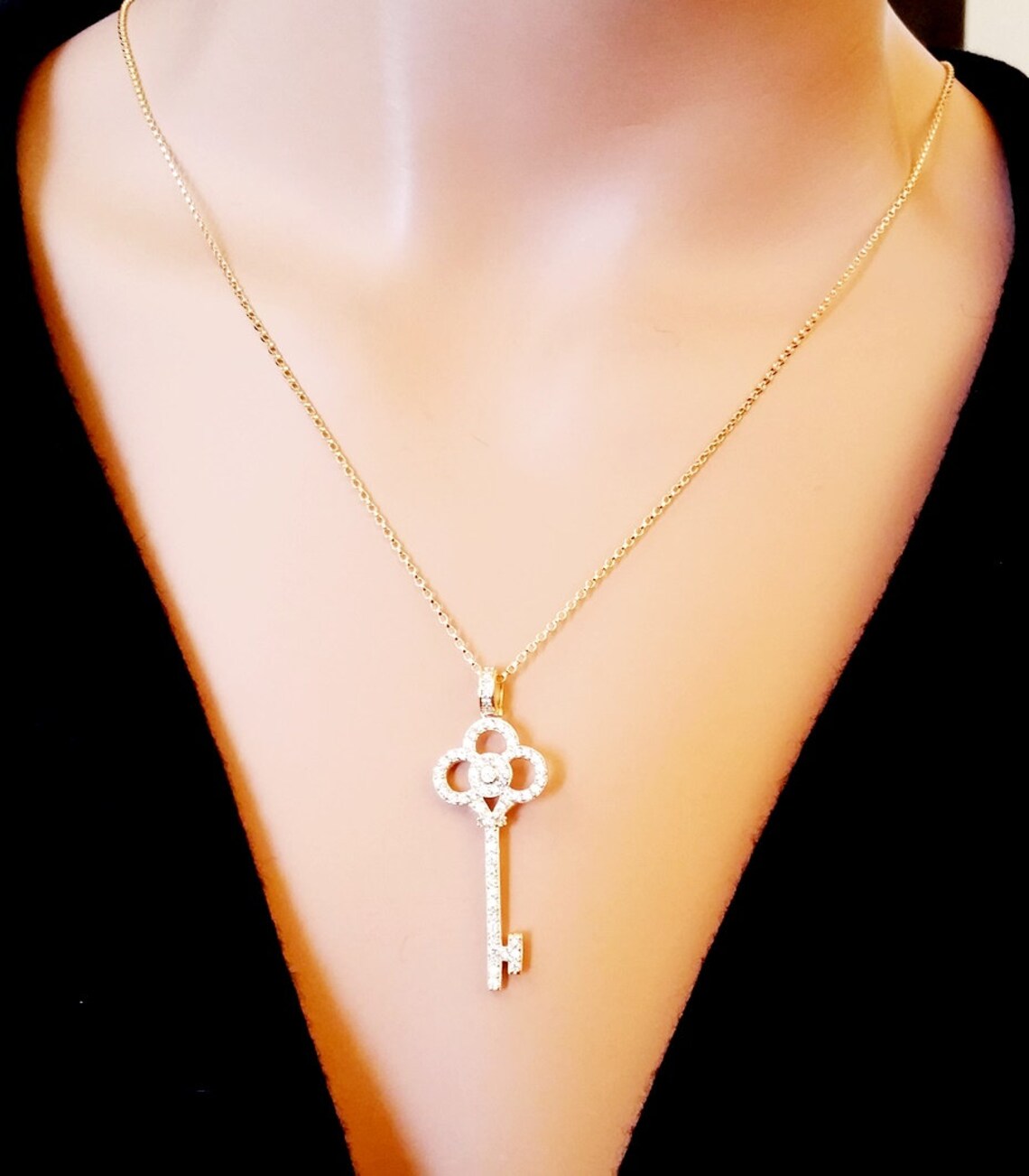Key Necklace CZ Key Long Necklace Gold Key Necklace Happy - Etsy