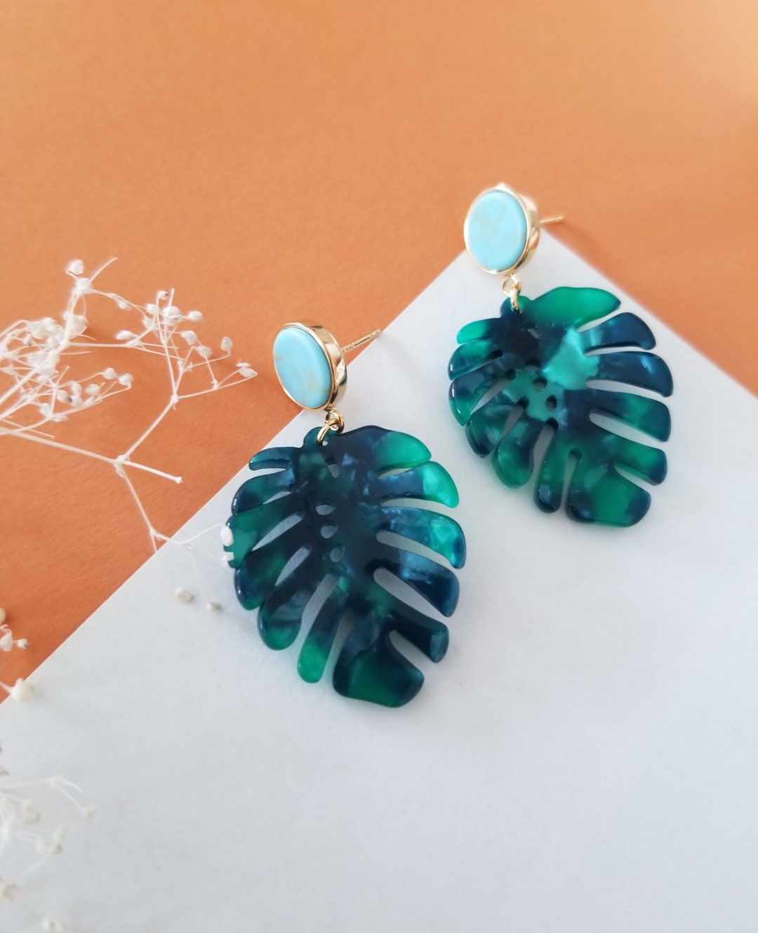 Monstera Leaf Earrings: Green Tortoise Shell Acetate, Turquoise Studs ...