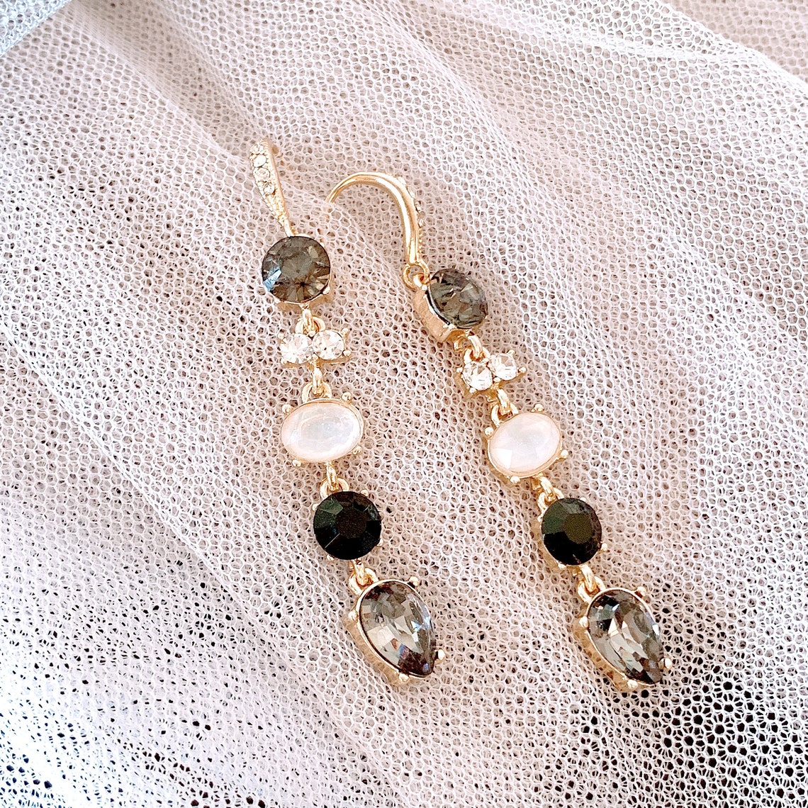 Gray Crystal Dangle earrings Gold Prom Earrings Gray Party | Etsy