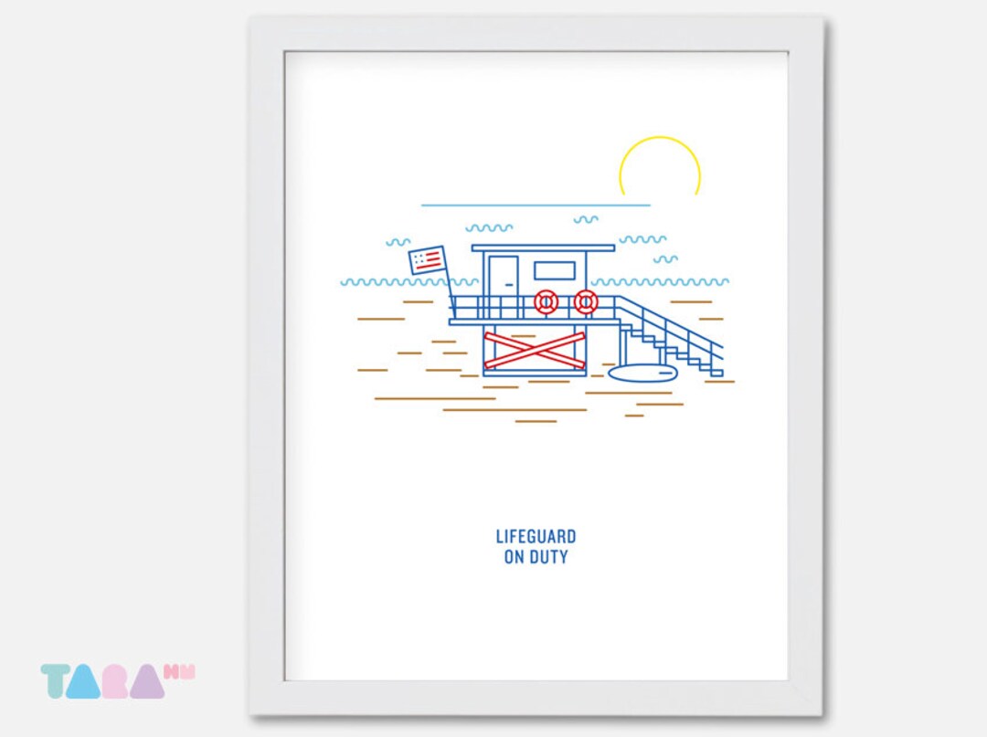 Lifeguard Beach Printable Wall Art, California Sunrising Illustration ...