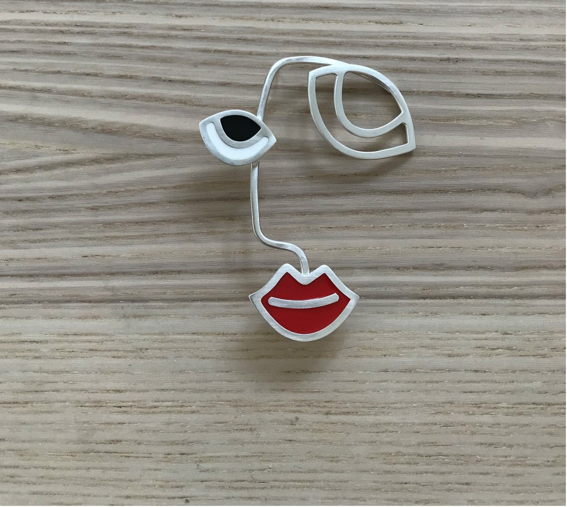 Abstract Face Brooch, Sterling Silver and Enamel Jewelry, Everyday Fun ...