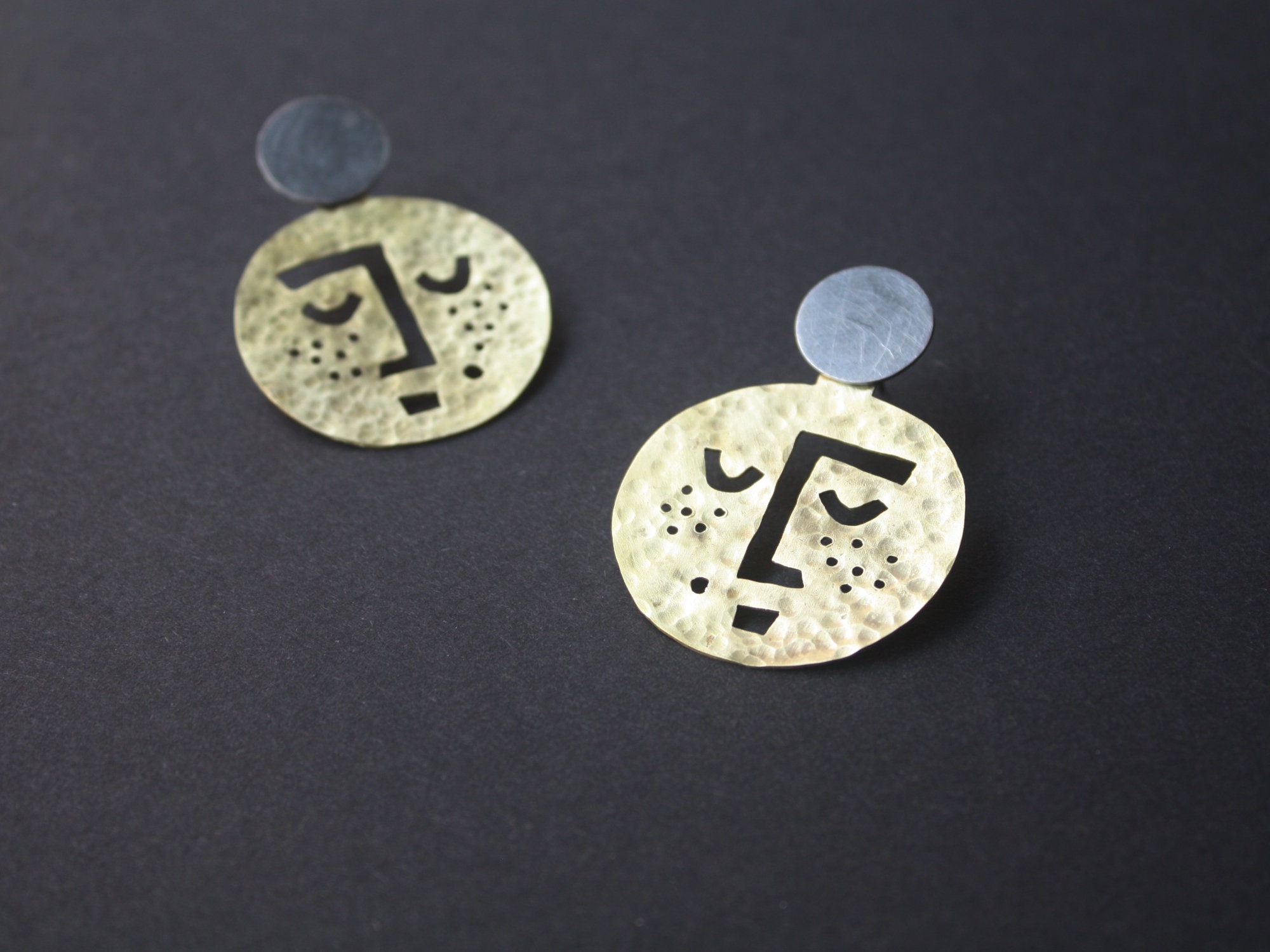 Big Moon Earrings Brass Circle Earrings Gold Moon Face - Etsy