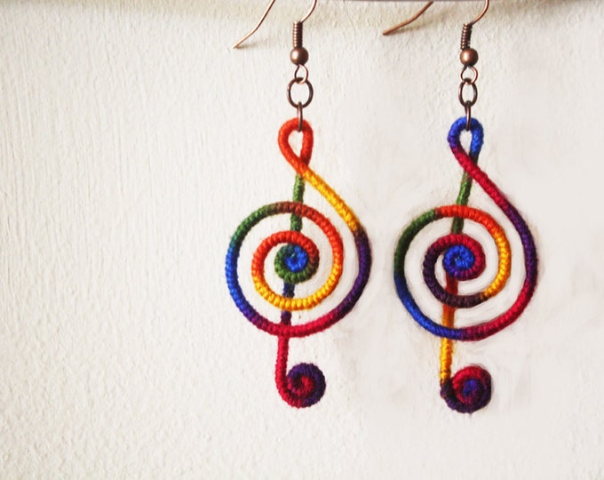 Treble Clef Earrings Colorful Wool, Rainbow Colors, Musical, Music Note ...