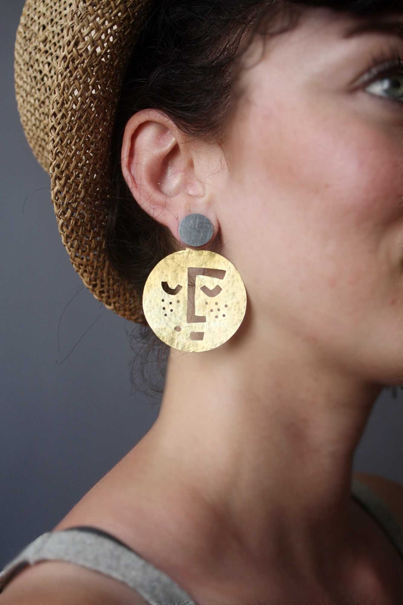 Big Moon Earrings Brass Circle Earrings Gold Moon Face - Etsy