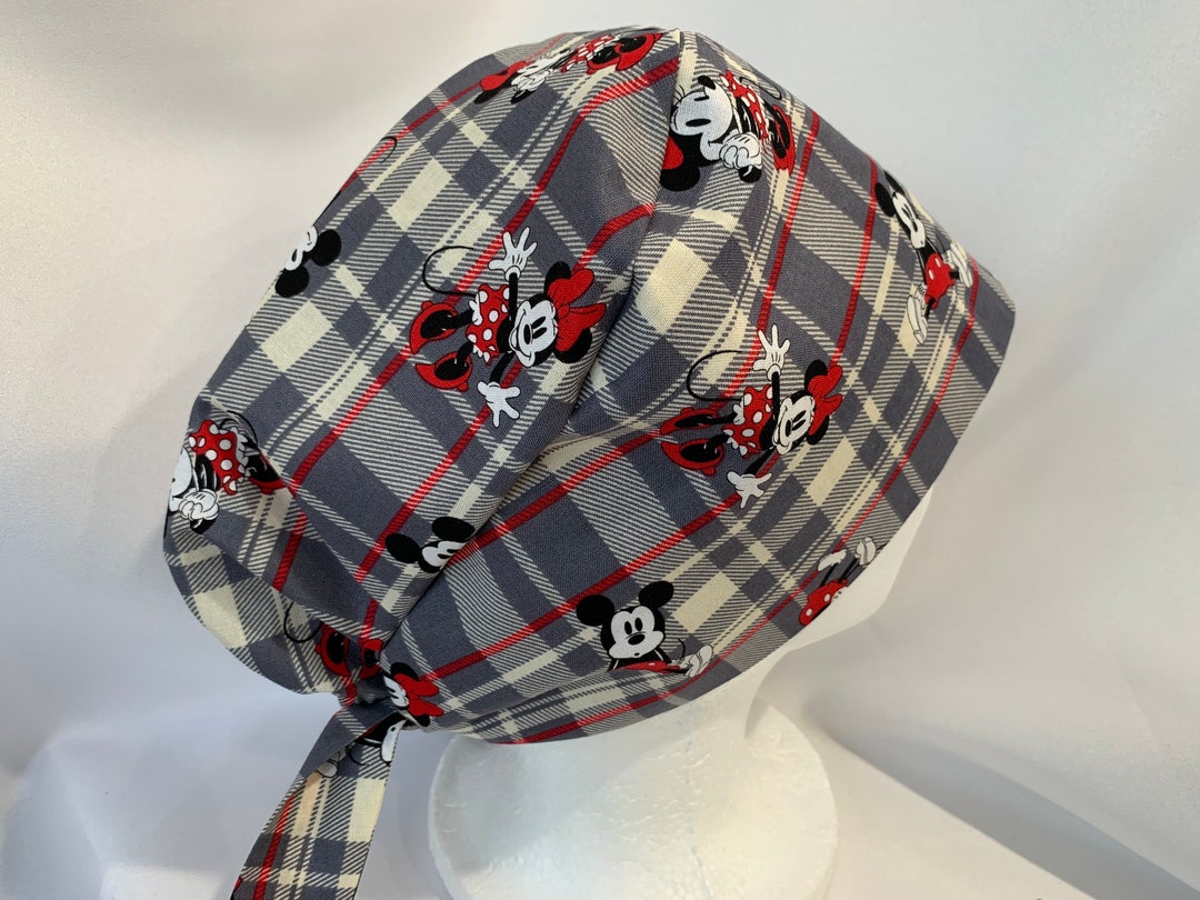 Tie Back Scrub Hat, Mickey on Cream and Grey Plaid - Etsy