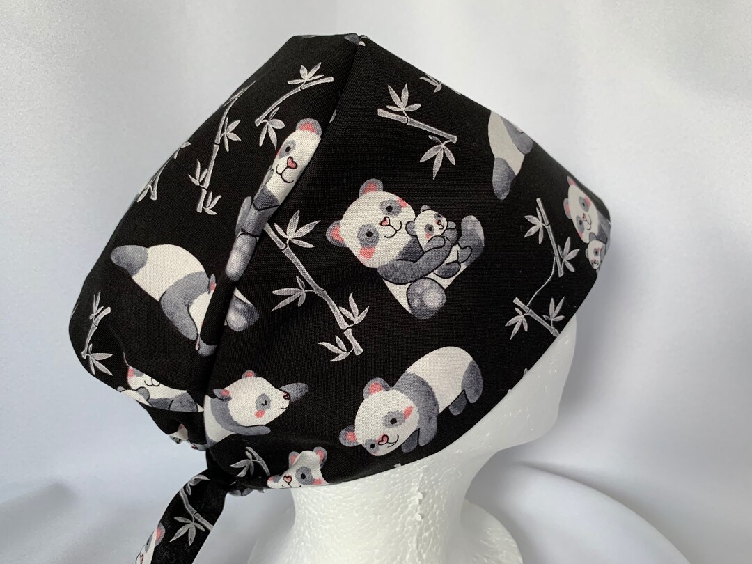 Tie Back Scrub Hat, Black With Pandas - Etsy