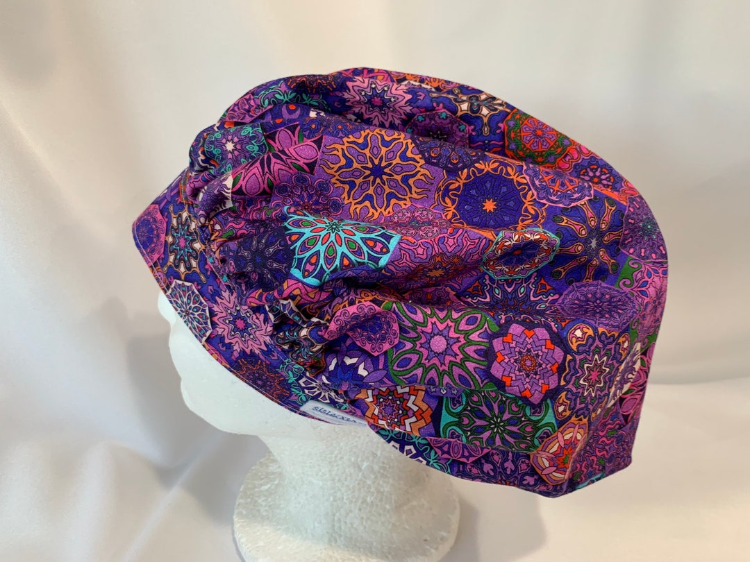 Scrub Hat Bouffant Style Purple With Large Beautiful Geometric - Etsy