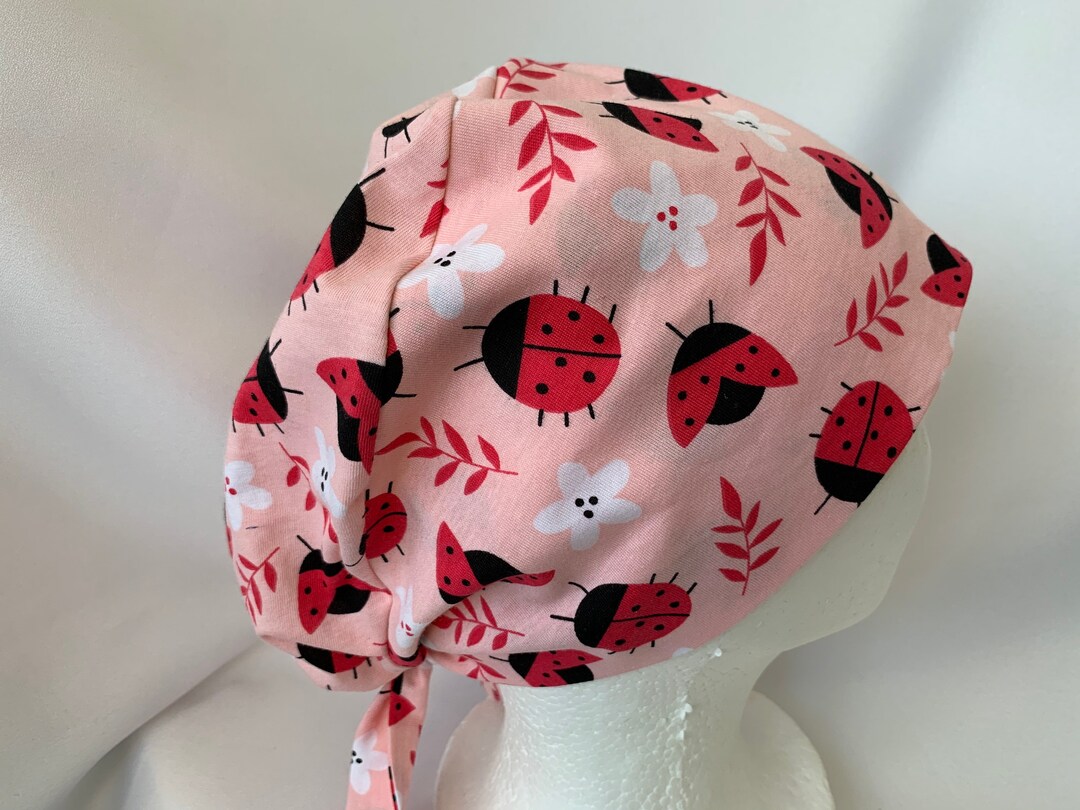 Ladybug Scrub Hat: Coral Pink Cotton Knit, Tie Back Pixie Style - Etsy