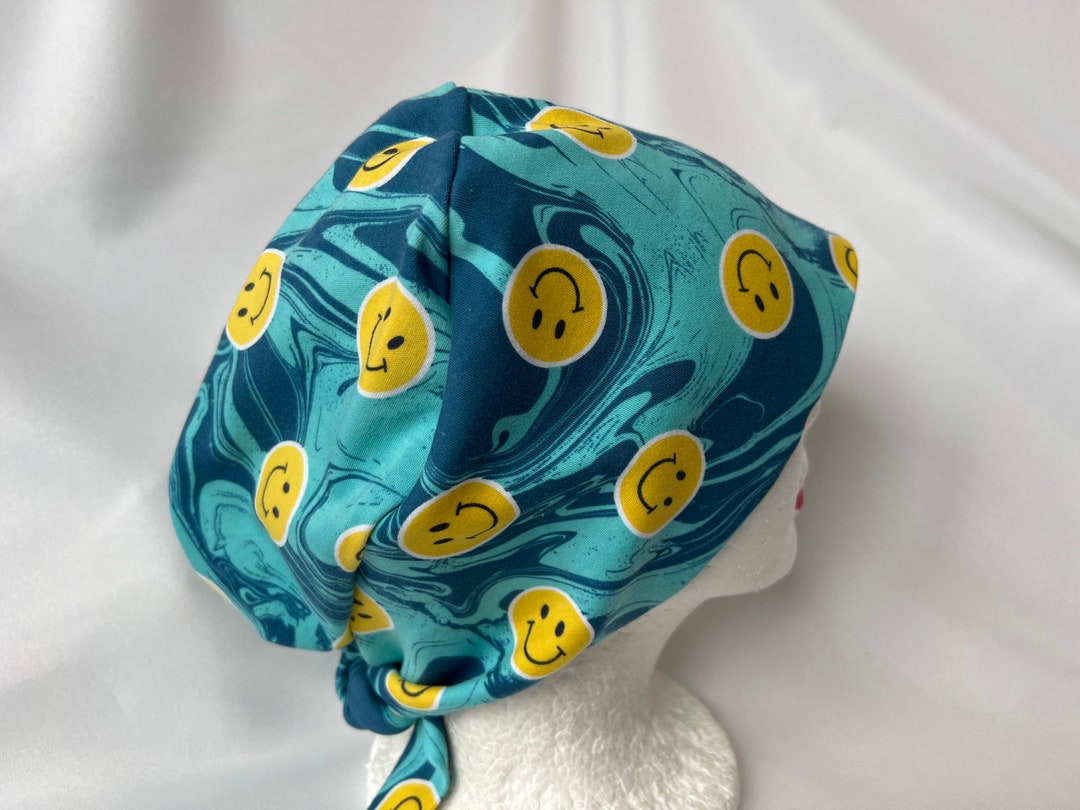 Smiley Face Knit Scrub Hat: Tie Back Cotton Blend - Etsy