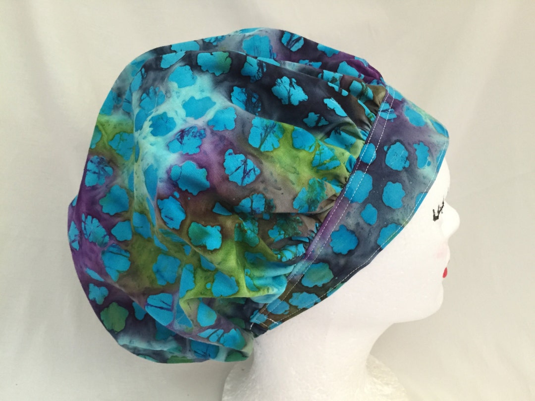 Scrub Hat Bouffant Style Batik Purple and Green With Turquoise Accents ...