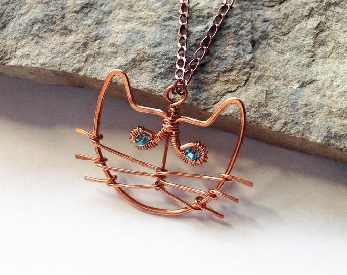 Cute Cat Face Pendant - Handmade Copper Cat Face Pendant With Blue ...