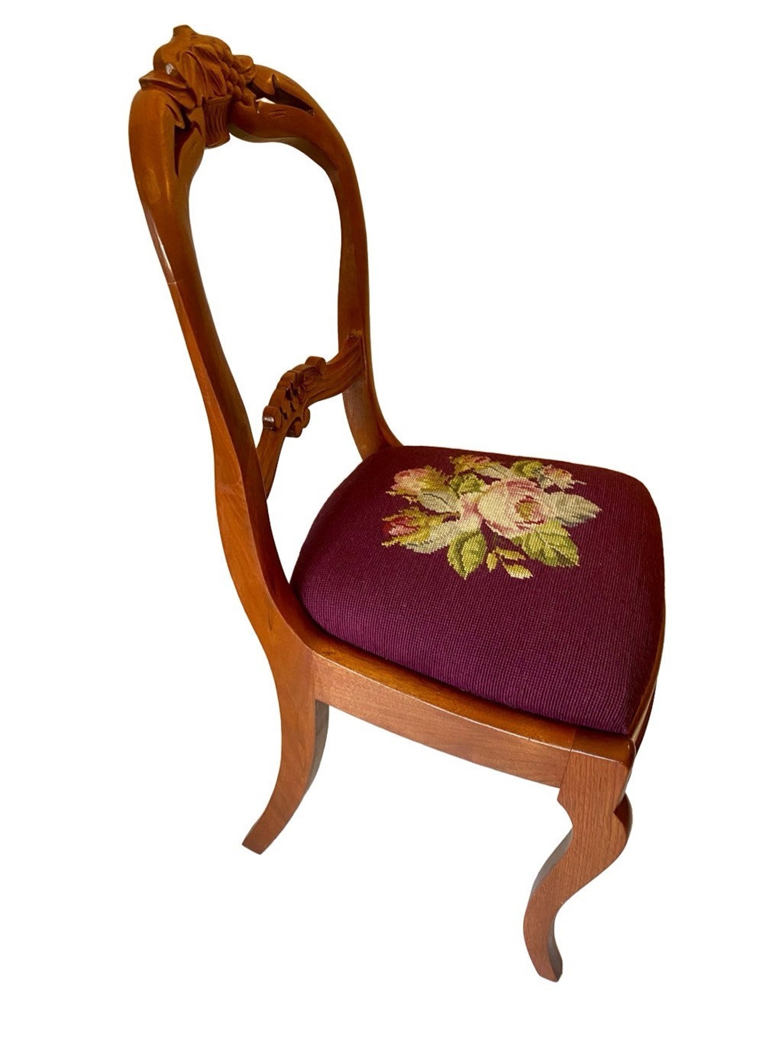A Pair of Antique Wood Hand Carved Balloon Parlor Chair Needlepoint ...
