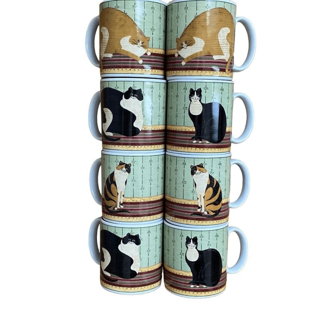 Warren Kimble Sakura Cat Collection Cups Set of 8 Vintage - Etsy