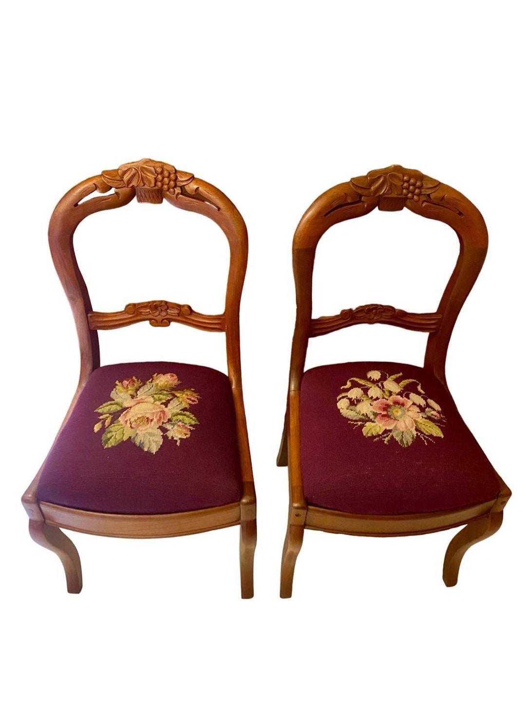 A Pair of Antique Wood Hand Carved Balloon Parlor Chair Needlepoint ...