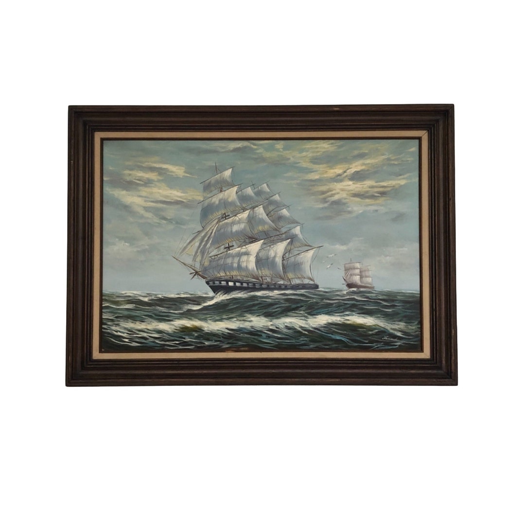 Vintage Oil Painting Picture Signed by Leonard Ship Marine 43 X 31.5 - Etsy