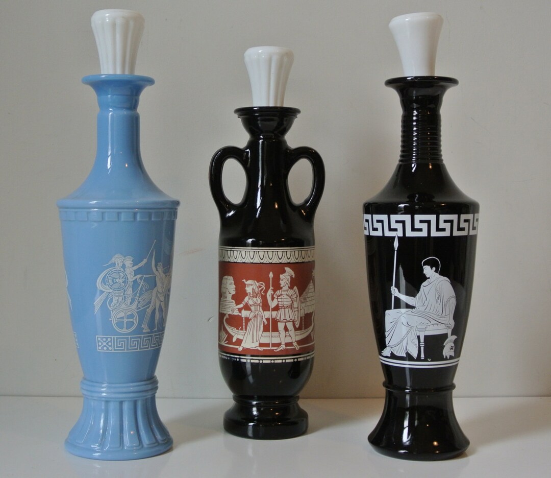 Set of 3 Greek Amphora Glass Liquor Empty Collectible Bottle Decanter ...