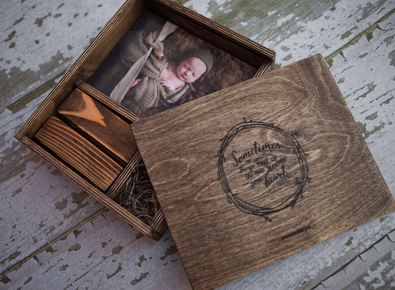 custom - set of 10 - 5x7x2.5 - Wood print box with 3 sections - 8gb USB ...