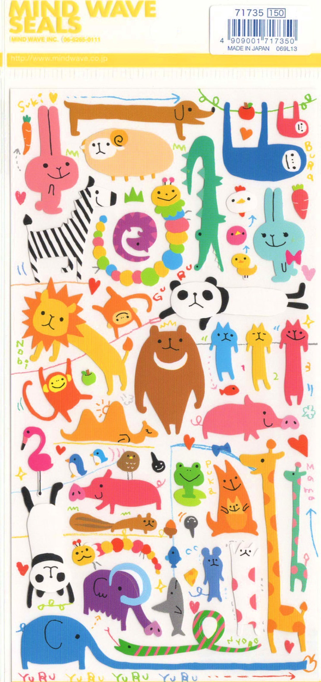 J Kawaii Mind Wave Japan Sticker Sheet: Novelty Yuru BIG Animals ...