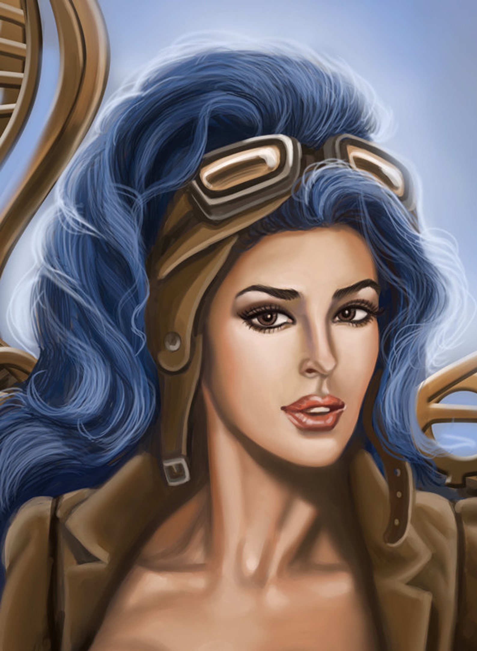 13x17 Signed Blue Haired Steampunk Aviator Pinup Girl With Wings Print ...
