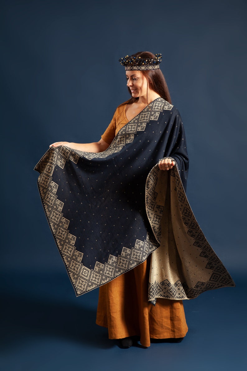 Latvian Folk Shawl: Viking Style Knitted Wrap, Dark Blue & Gold - Etsy