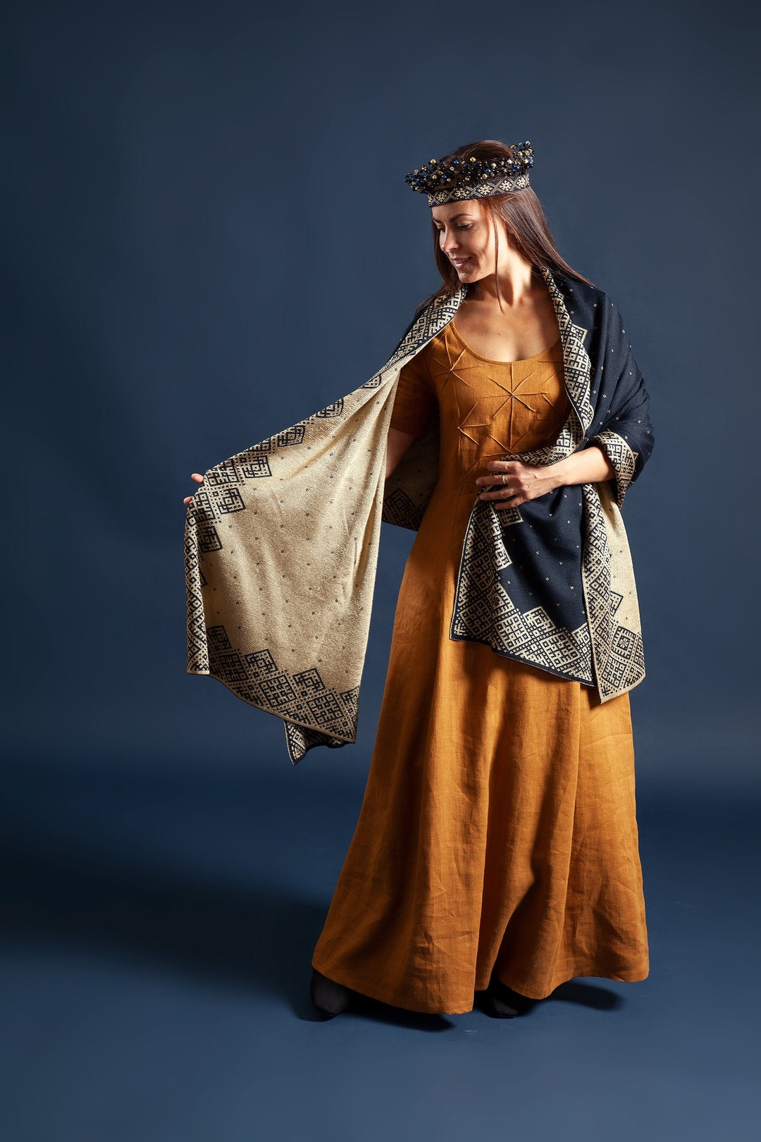 Latvian Folk Shawl: Viking Style Knitted Wrap, Dark Blue & Gold - Etsy