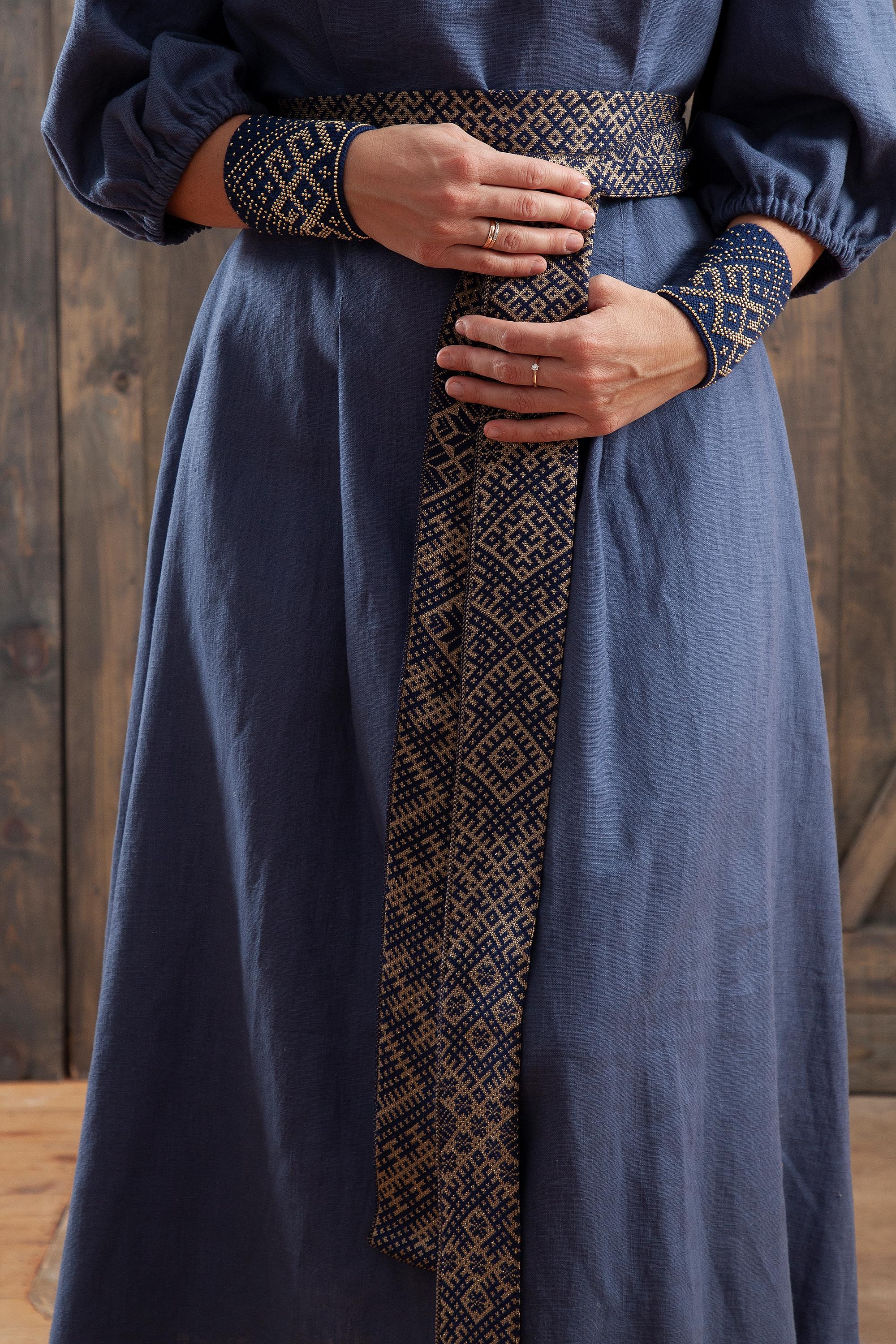 Lielvarde Belt: Blue Knitted Folk Accessory With Gold Pattern - Etsy