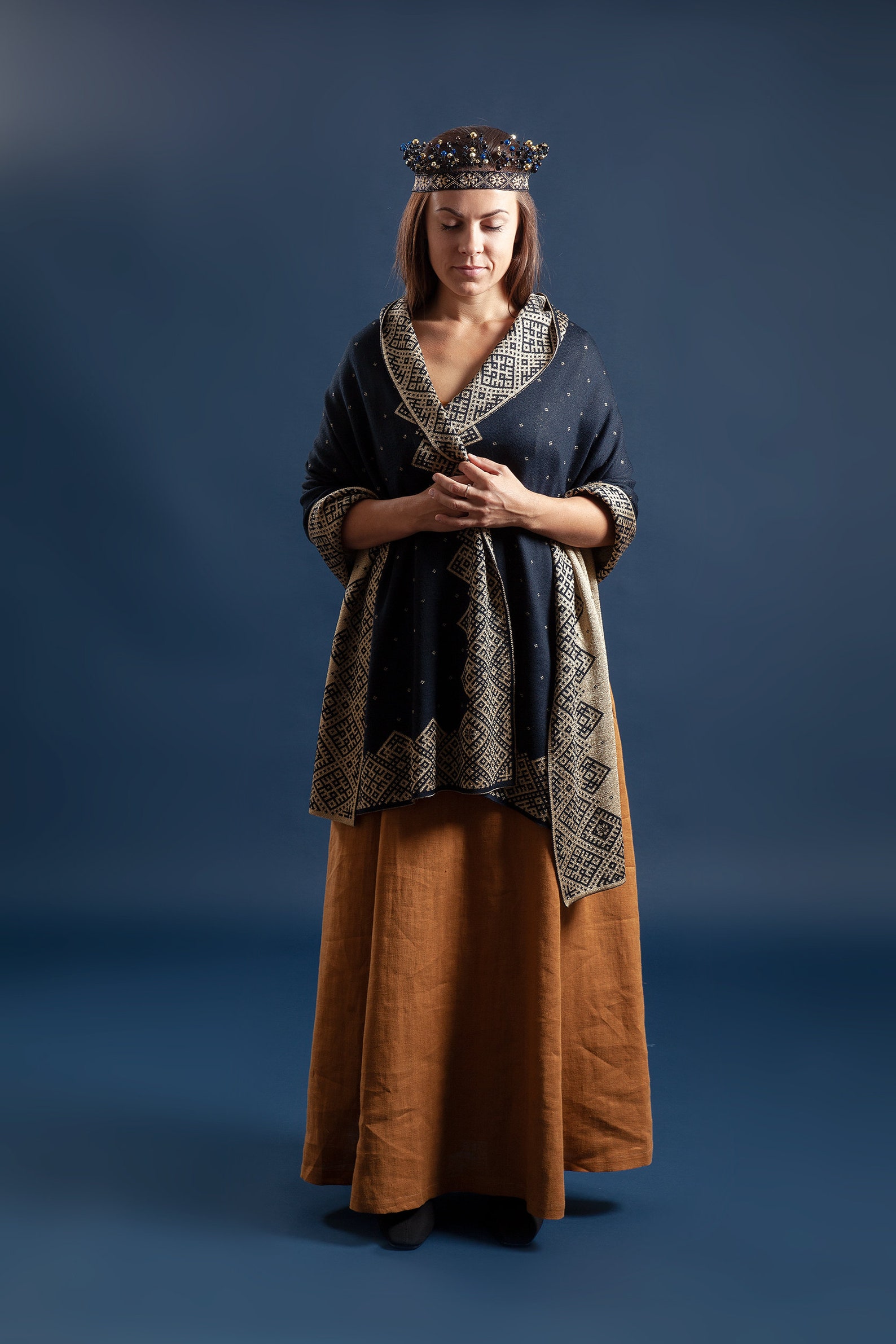 Latvian Folk Shawl: Viking Style Knitted Wrap, Dark Blue & Gold - Etsy