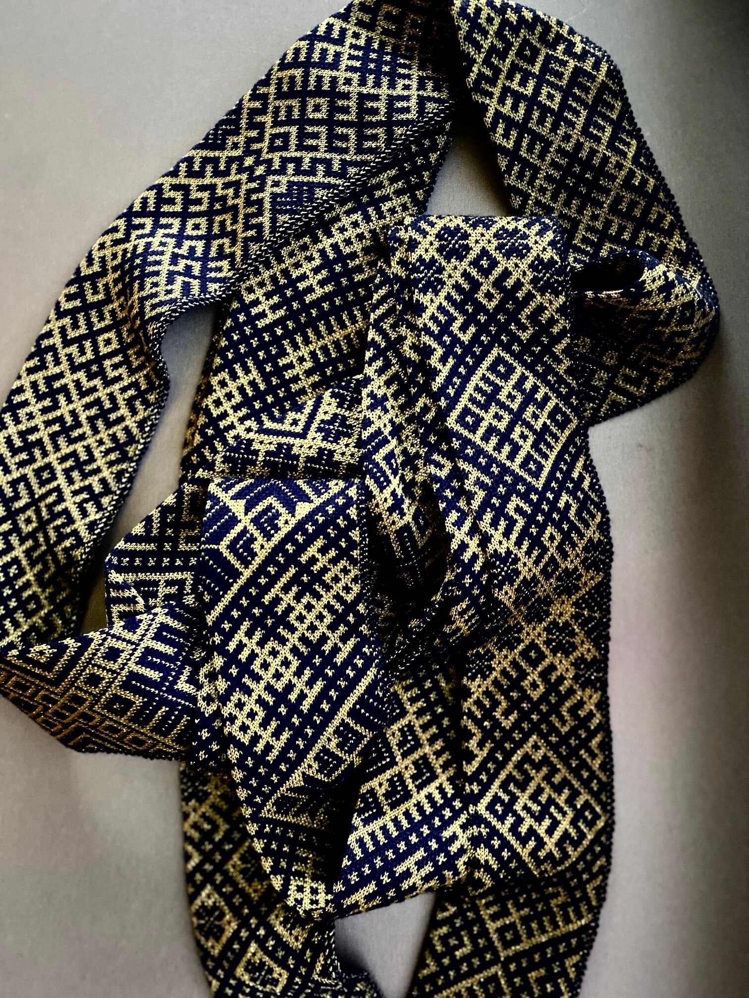 Lielvarde Belt: Blue Knitted Folk Accessory With Gold Pattern - Etsy