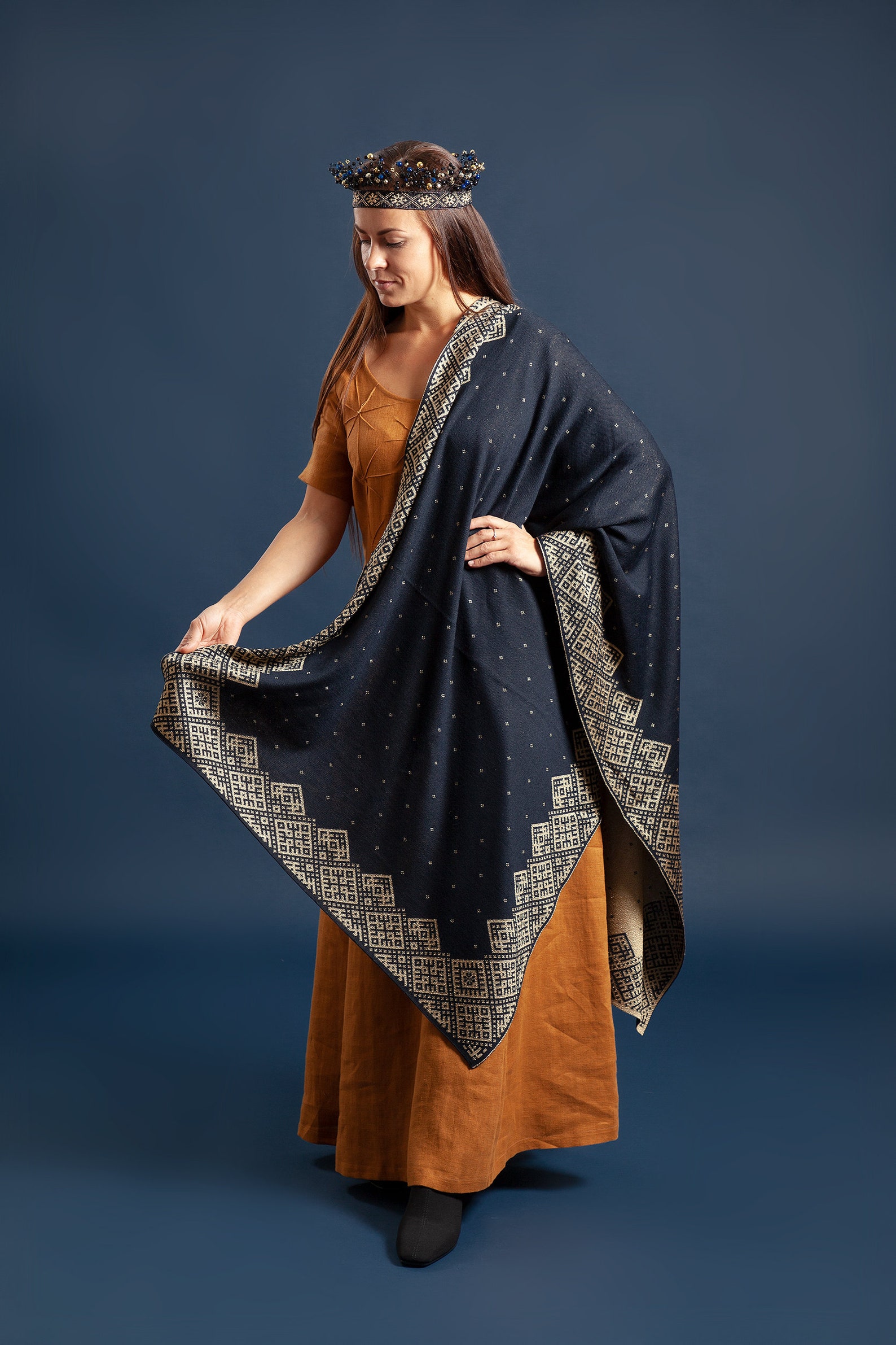Latvian Folk Shawl: Viking Style Knitted Wrap, Dark Blue & Gold - Etsy