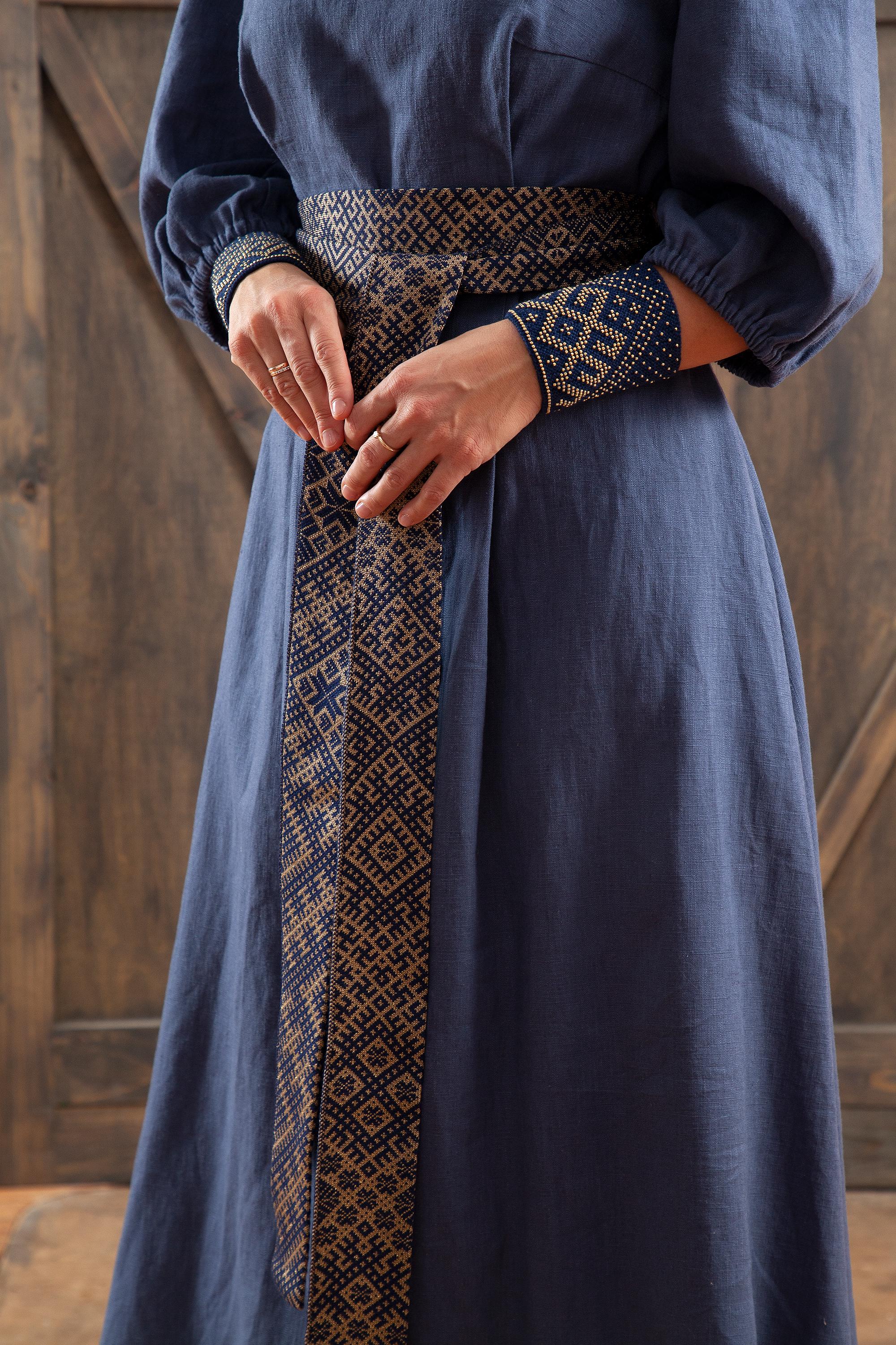 Lielvarde Belt: Blue Knitted Folk Accessory With Gold Pattern - Etsy