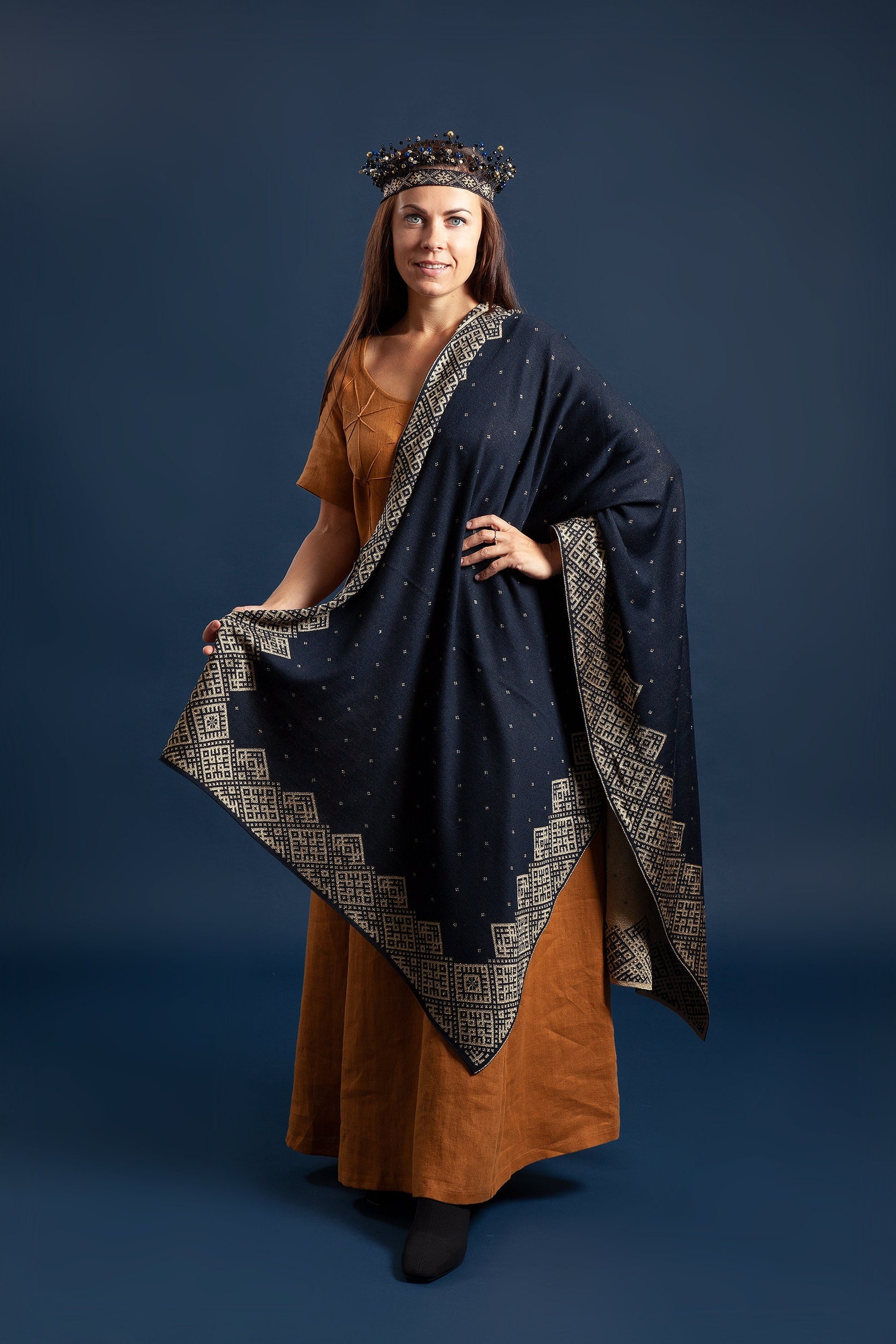 Latvian Folk Shawl: Viking Style Knitted Wrap, Dark Blue & Gold - Etsy