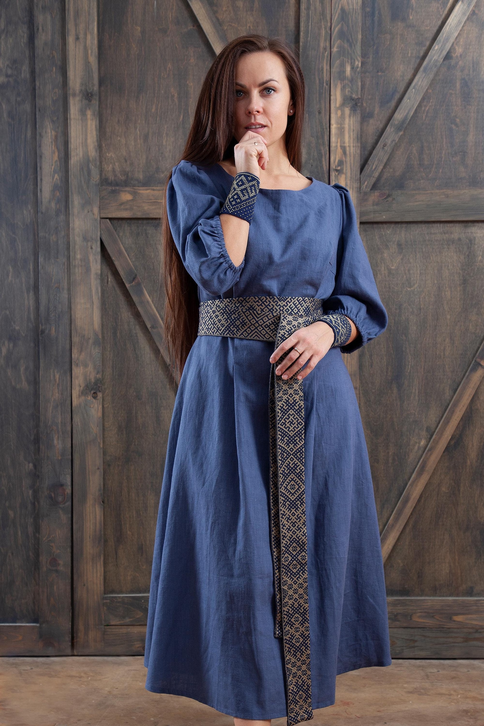 Lielvarde Belt: Blue Knitted Folk Accessory With Gold Pattern - Etsy