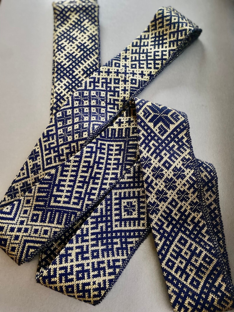 Lielvarde Belt: Blue Knitted Folk Accessory With Gold Pattern - Etsy