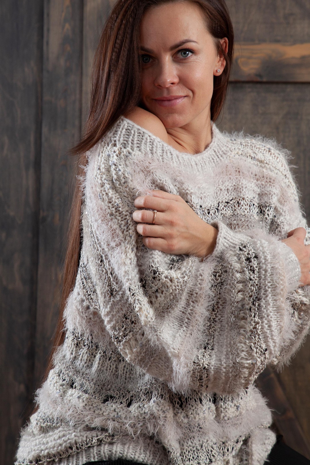 White Elegant Sweater With Effect Yarn Embossed Knit Indulgent Pullover ...