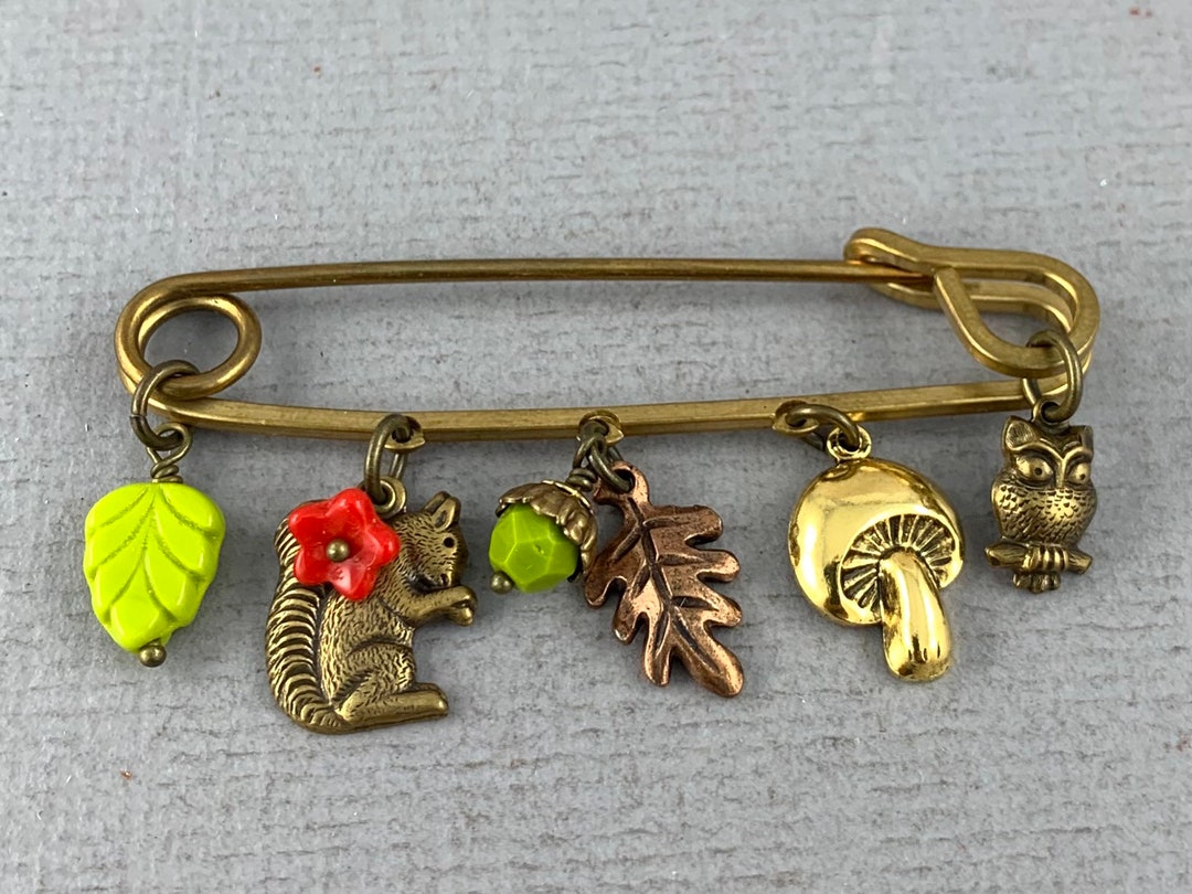 Woodland Kilt Pin, Antique Brass Shawl Pin, Brooch, Squirrel Pin, Owl ...