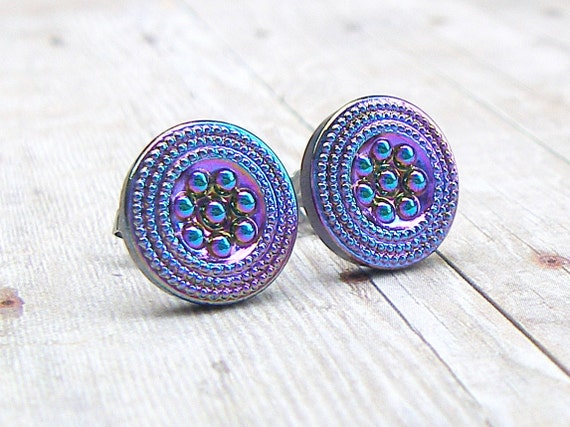 Dotted Flower Vintage Glass Button Stud Earrings Etsy