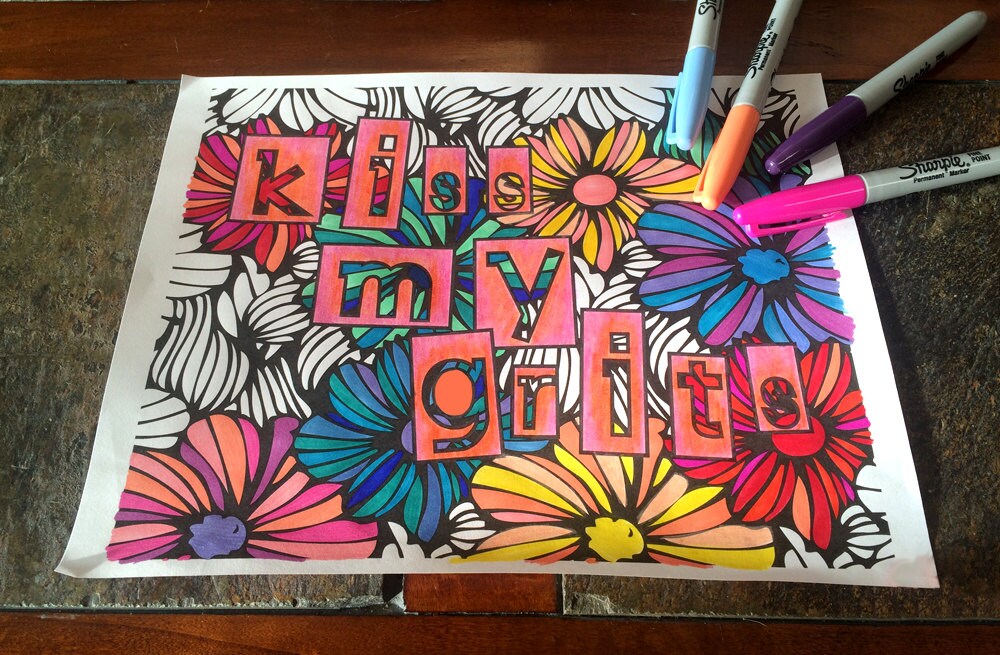 Kiss My Grits Printable Coloring Book Page Southern Slang - Etsy