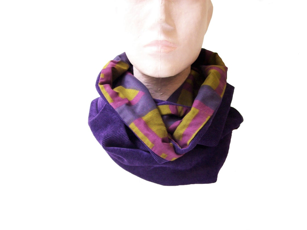 Snood Woman Purple Velvet and Fabric Tiles, Reversible Infinite Scarf ...
