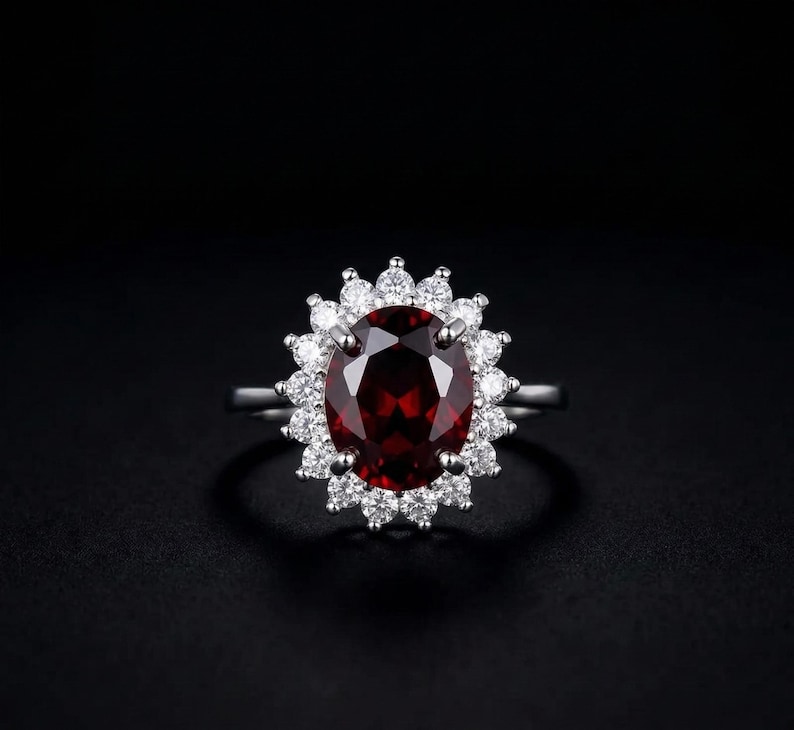 Oval Red Garnet Halo Ring, Sterling Silver Statement Wedding Band - Etsy
