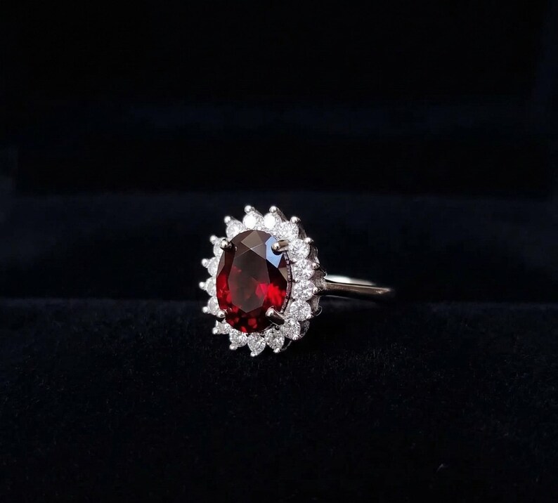 Oval Red Garnet Halo Ring, Sterling Silver Statement Wedding Band - Etsy