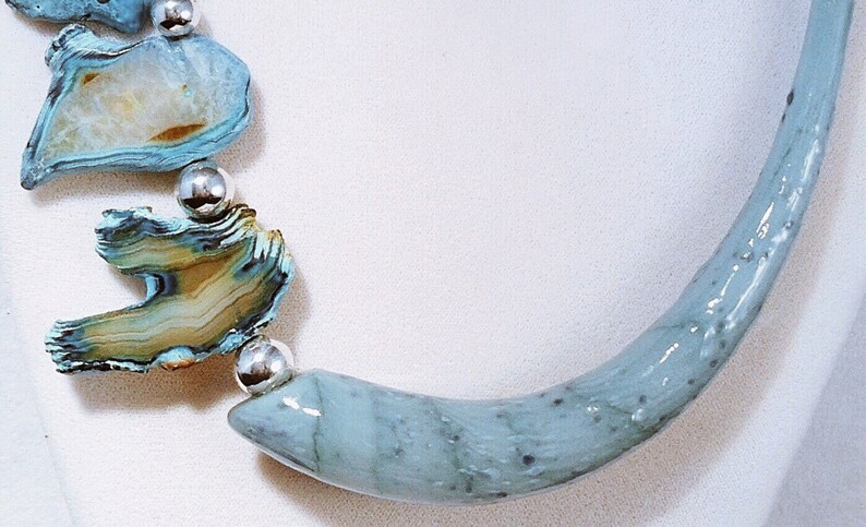 Blue Agate Statement Necklace: Sterling Silver, Glass Horn, Chunky ...