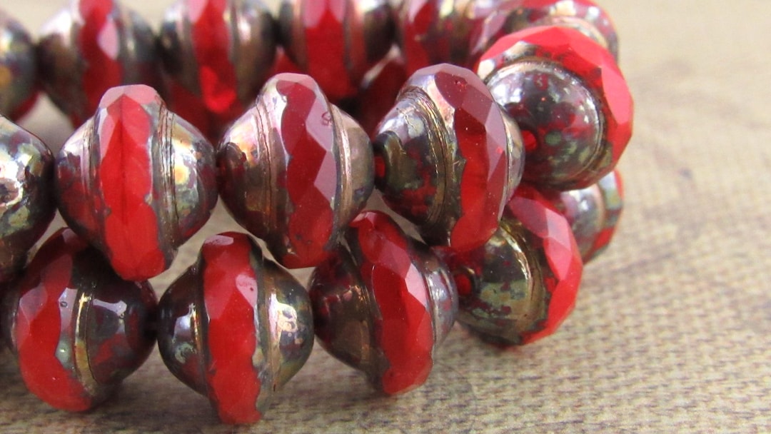 8x10mm Ruby Red Glass Bead, Czech Saturn With Bronze Picasso Finish, 7 ...