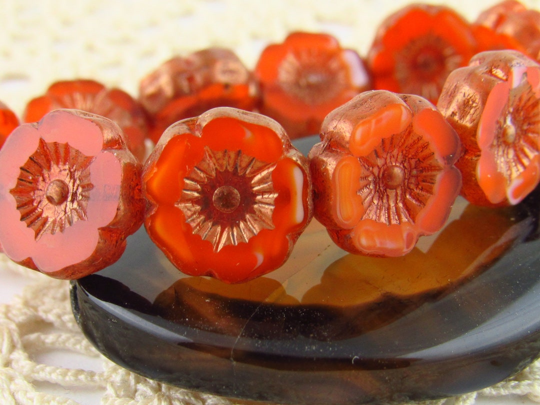 12mm Orange Czech Glass Flower Beads Hibiscus Glass Flower Beads 6