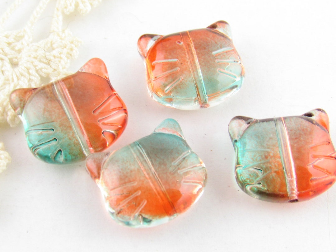 14mm Orange Cat Glass Beads, Teal Glass Kitten Beads, Glass Kitty Beads ...