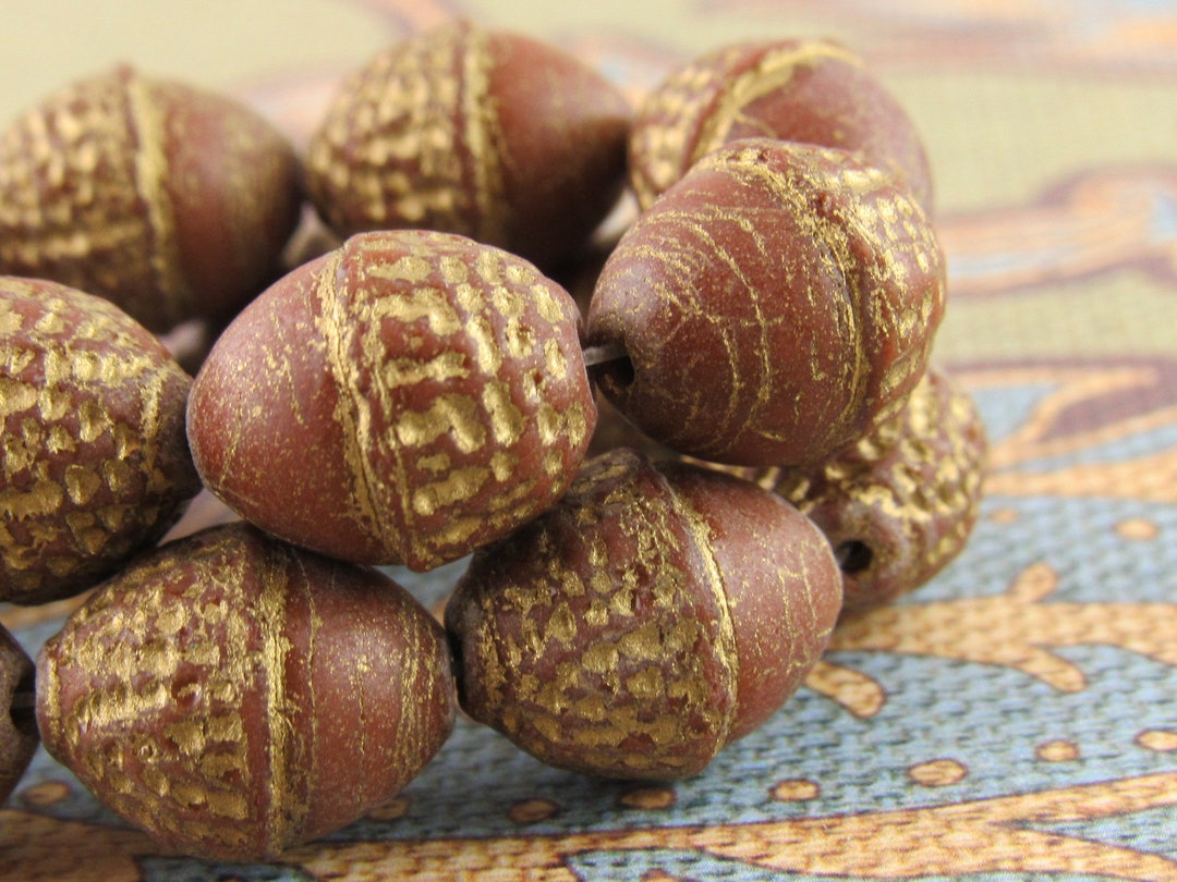 12mm Rustic Brown Acorn Beads, Gold Wash Acorn Czech Glass Beads ...