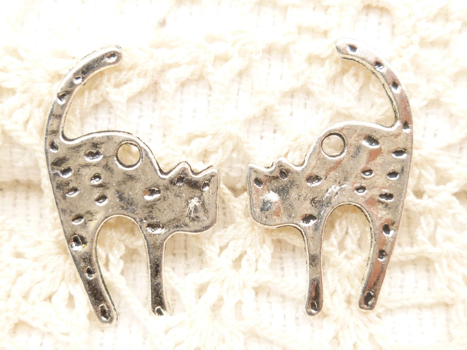 Flat Rustic Hammered-Look Stretching Cat Charm Antique Silver | Etsy