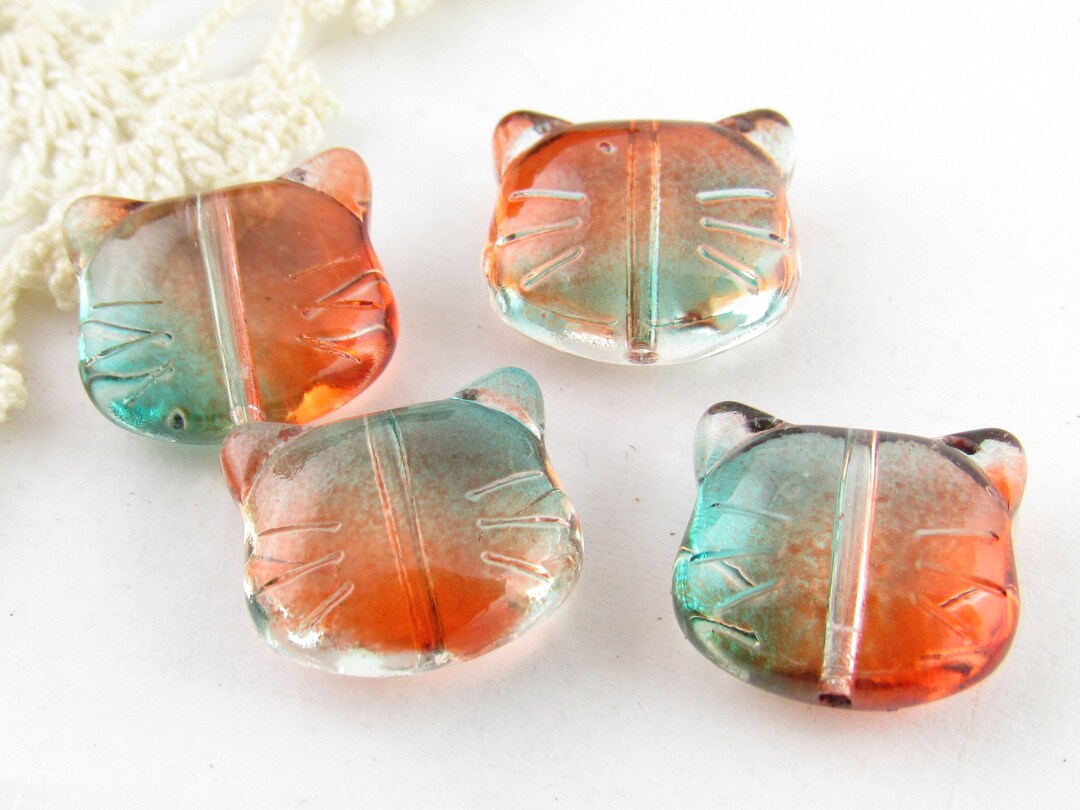 14mm Orange Cat Glass Beads, Teal Glass Kitten Beads, Glass Kitty Beads ...