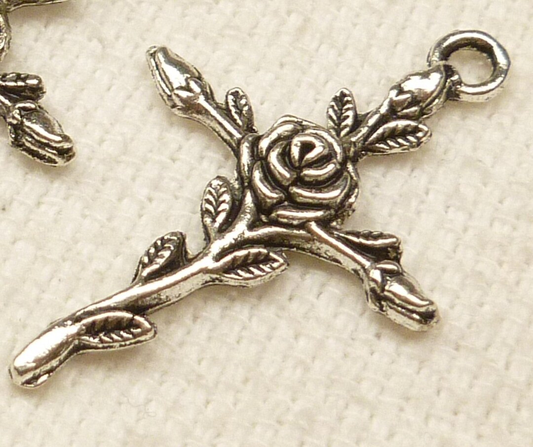 Rose Flowers and Leaves Crucifix Cross Charms, Antique Silver 4 S72 - Etsy