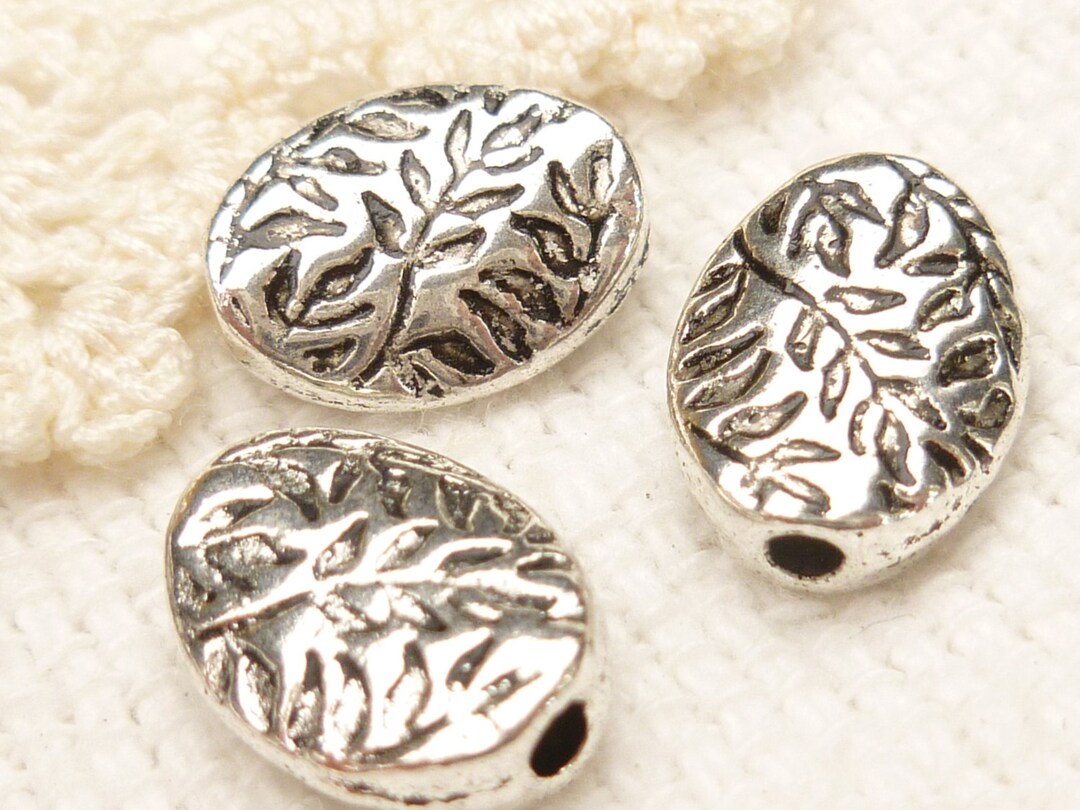 11mm Flat Oval Leaves Tree Branch Spacer Beads Charms - Antique Silver ...