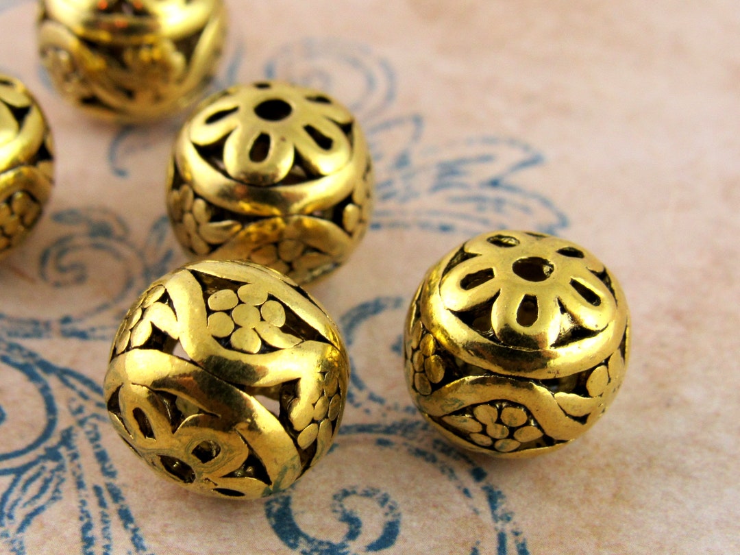 10mm Gold Metal Flower Bead, Floral Spacer Bead, Filigree, Antiqued ...